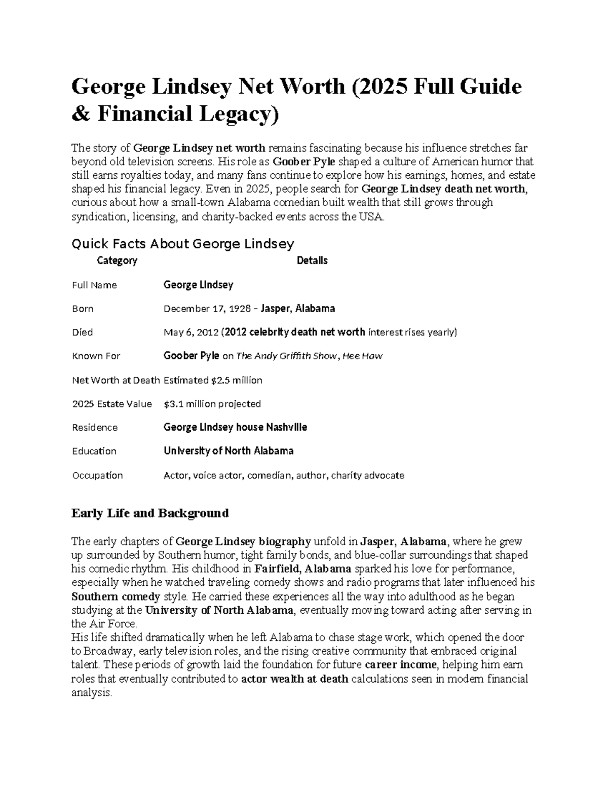 George Lindsey Net Worth (2025): A Financial Legacy Overview - Studocu