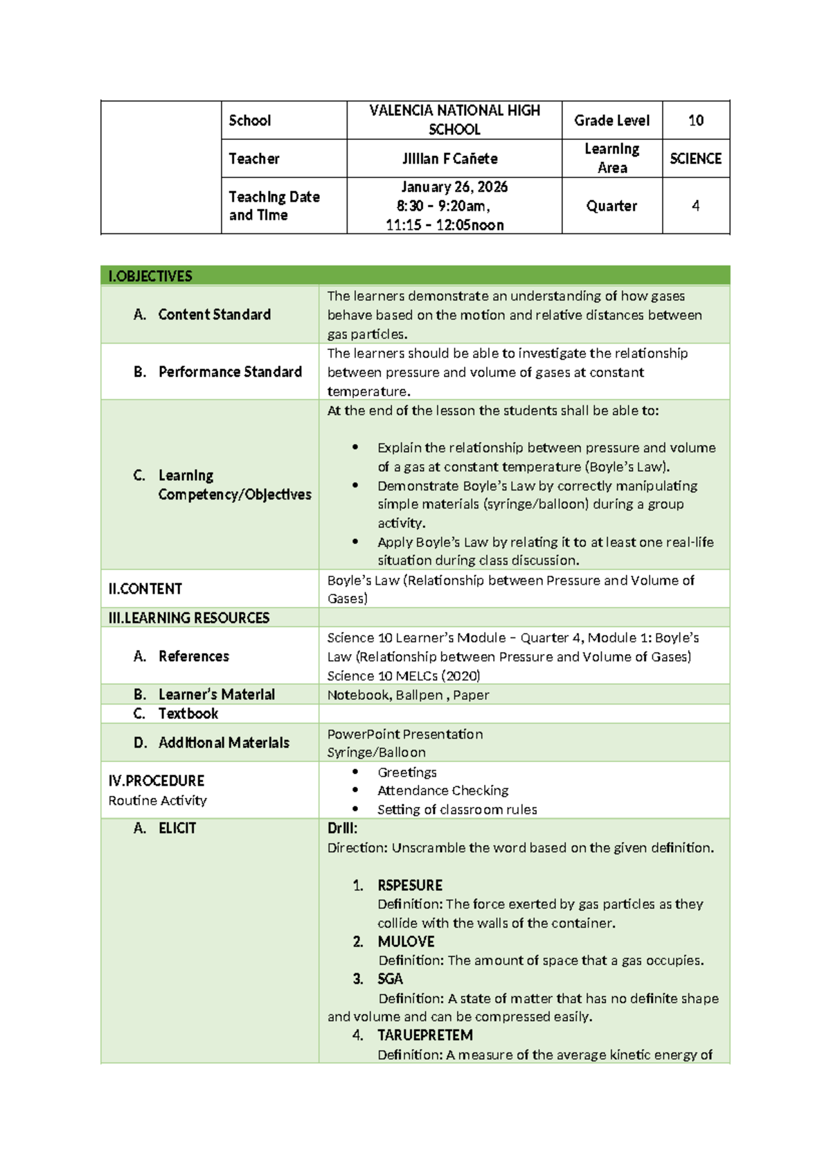 Boyle's Law Lesson Plan - Grade 10 Science (Quarter 4) - Studocu