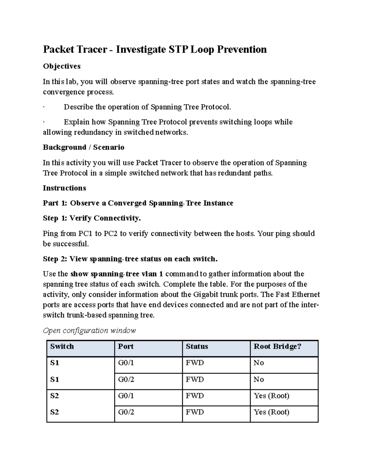 Packet Tracer - STP Loop Prevention Lab Guide - Studocu