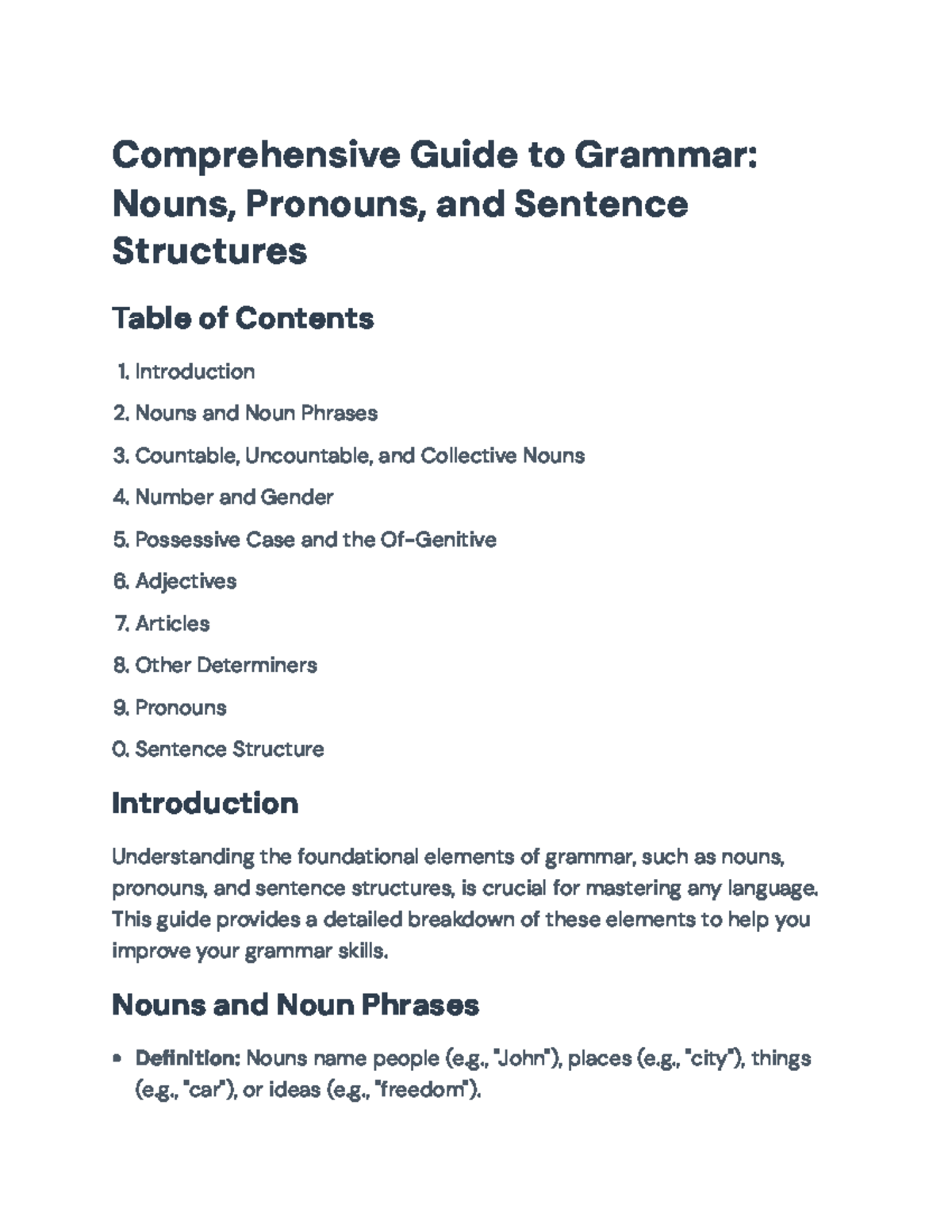 Comprehensive Grammar Guide: Nouns, Pronouns, and Sentence Structure ...