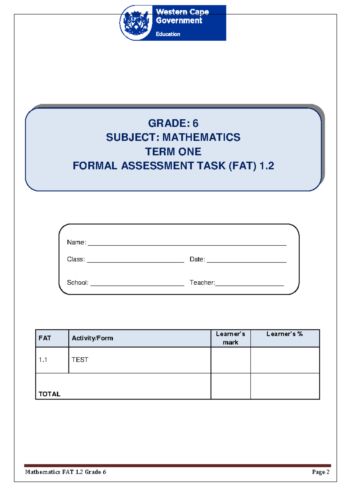 Grade 6 Mathematics FAT 1.2 Test - Term One Assessment - Studocu