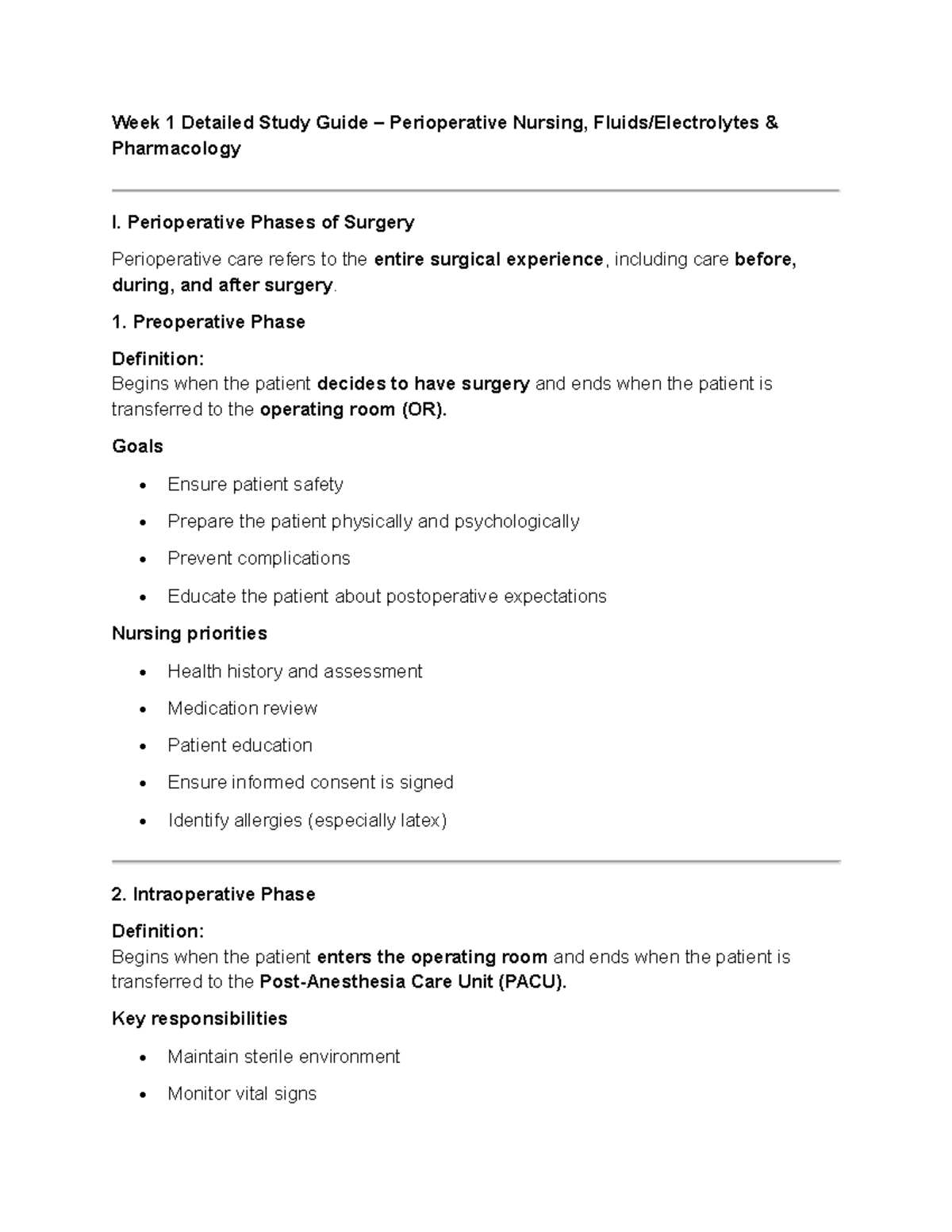 Week 1 Study Guide: Perioperative Nursing & Pharmacology I - Studocu