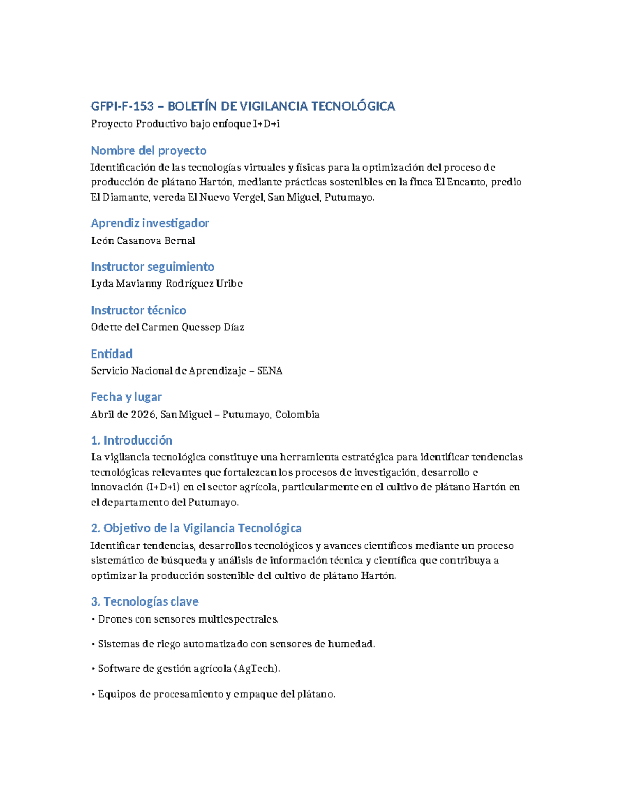 GFPI-F-153 Boletín de Vigilancia Tecnológica: Optimización del Plátano ...