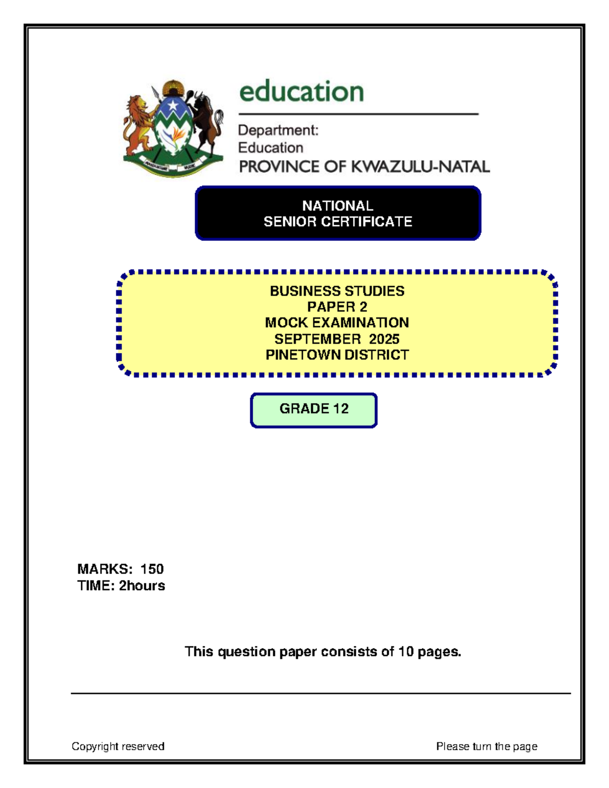2025 NSC Business Studies P2 Mock Exam - Pinetown District - Studocu