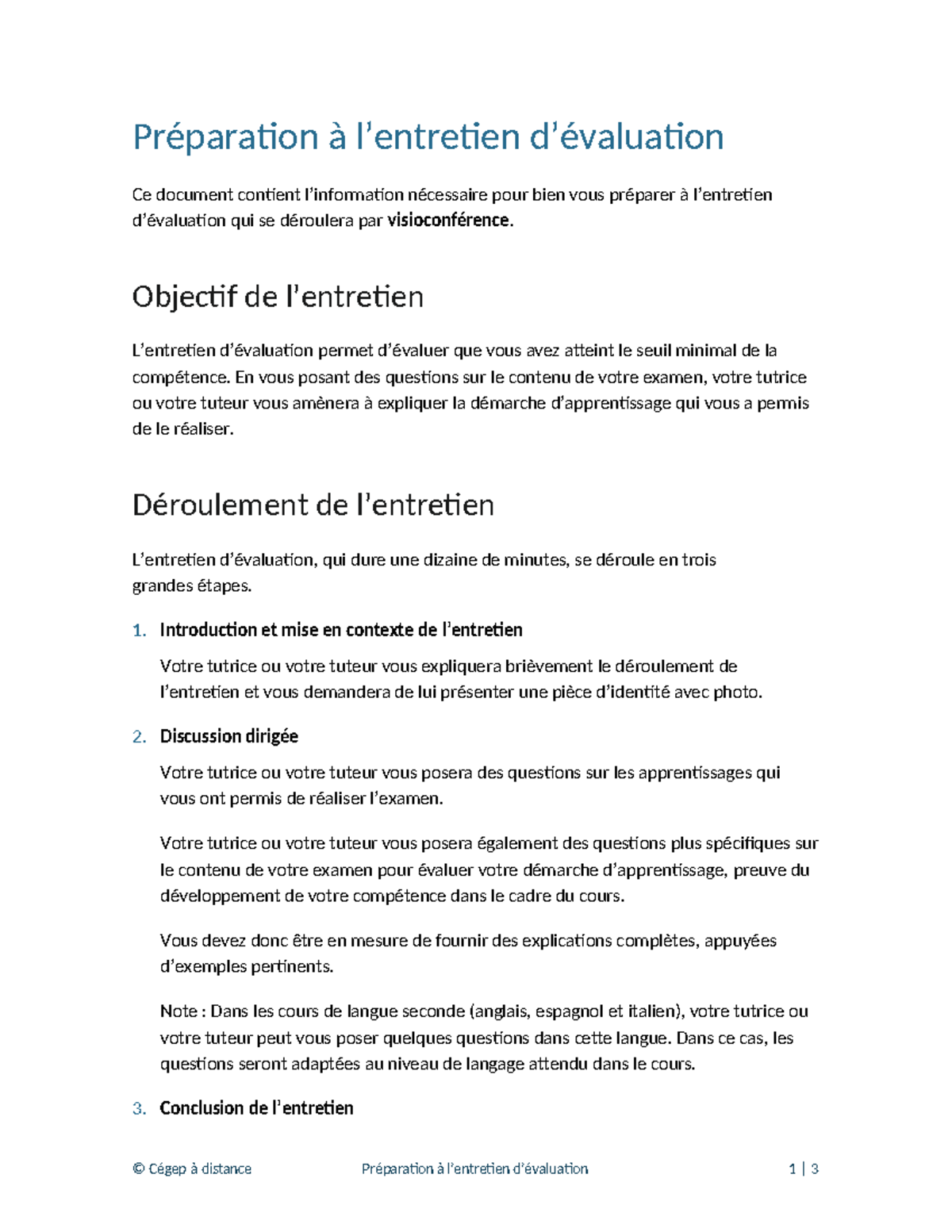 Cégep à distance: Préparation à l'Entretien d'Évaluation Étudiant - Studocu