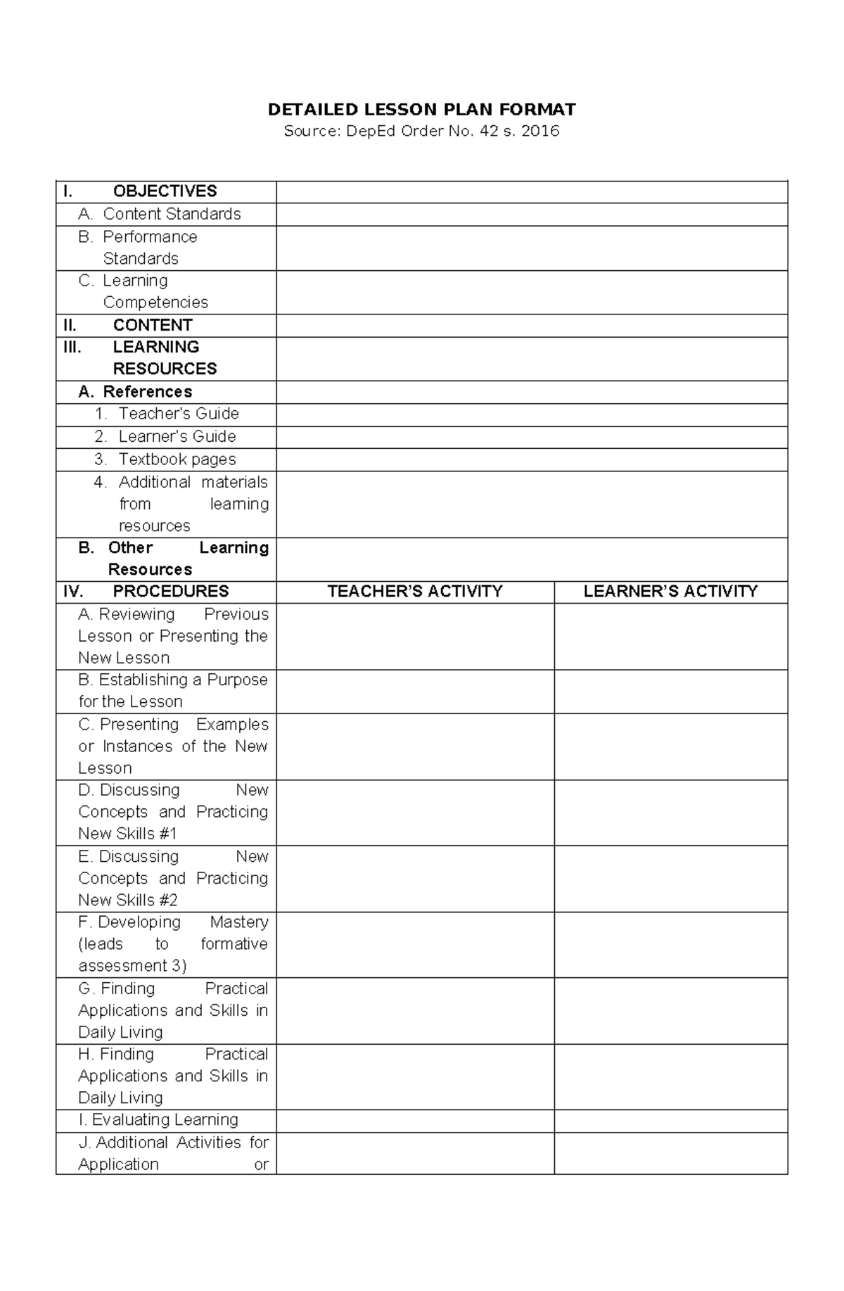 Detailed Lesson Plan Format (DepEd Order No. 42 s. 2016) - Studocu