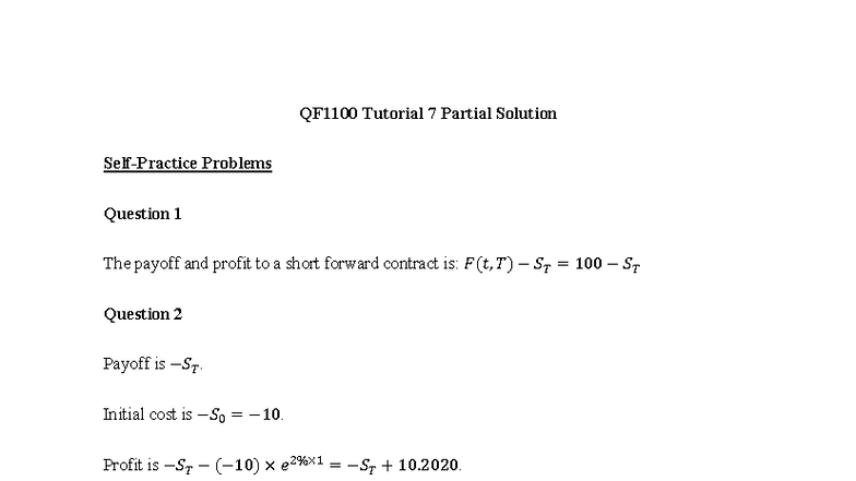 QF1100 Tutorial 7 Solutions: Short Forward Contract Analysis - Studocu