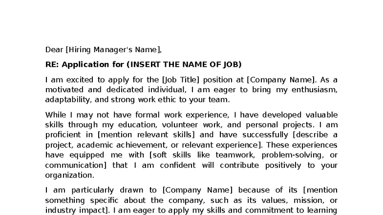 Cover Letter for Job Application: No Experience - Studocu