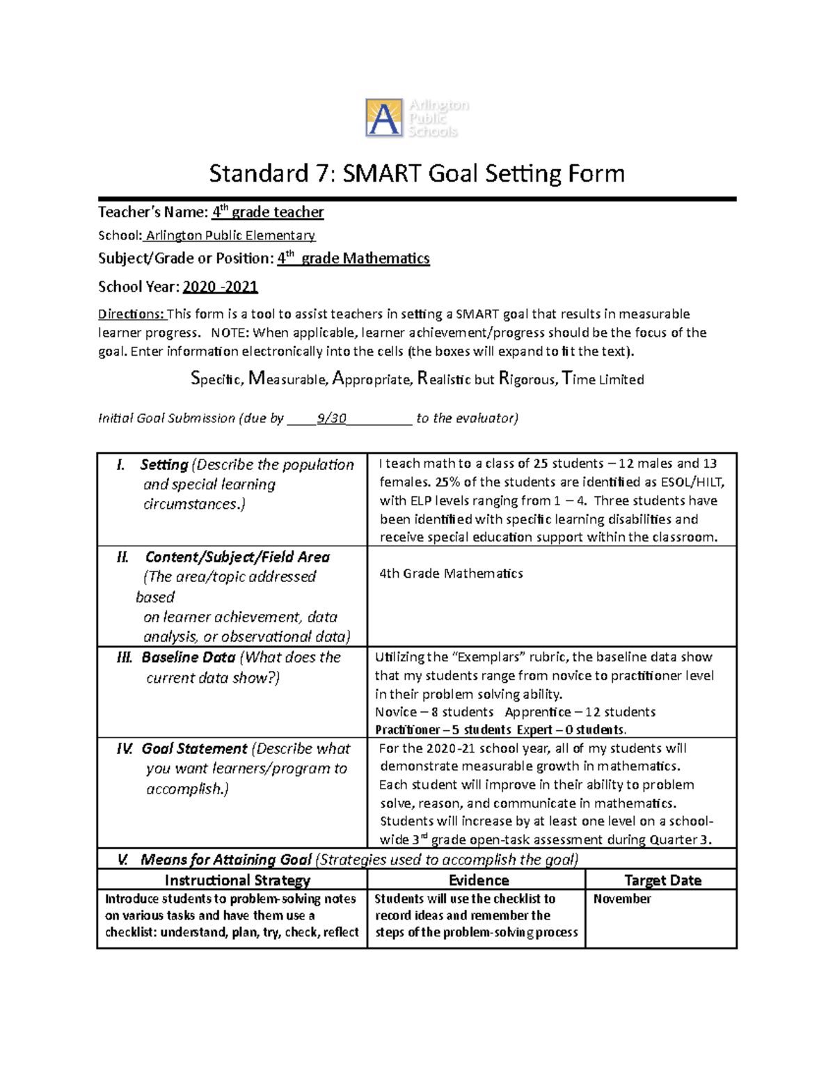 Grade-4-Math- Smart-goal-sample with-data-11 - Standard 7: SMART Goal ...