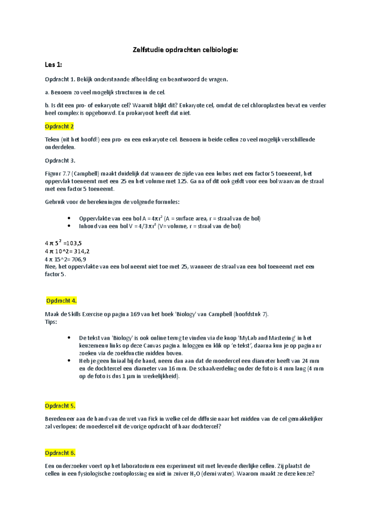 Zelfstudie opdrachten - Celbiologie Les 1 en 2 - Bio 101 - Studeersnel
