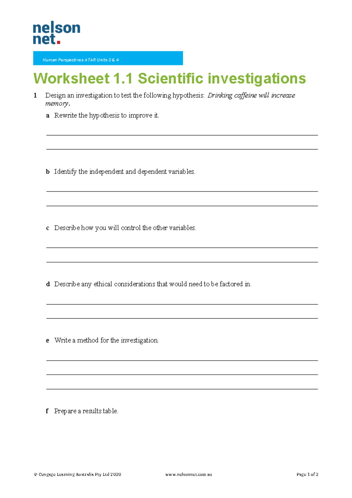 Human Biology textbook Chapter 1 Worksheet - Human Perspectives ATAR ...
