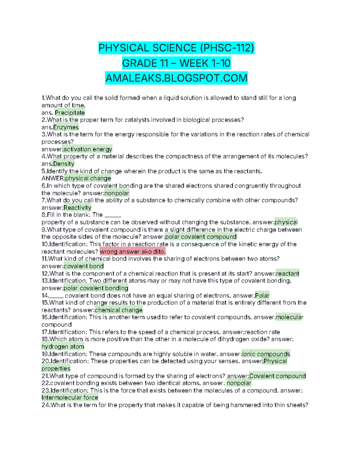 Physical Science (PHSC-112) Grade 11: Week 1-10 Study Guide - Studocu