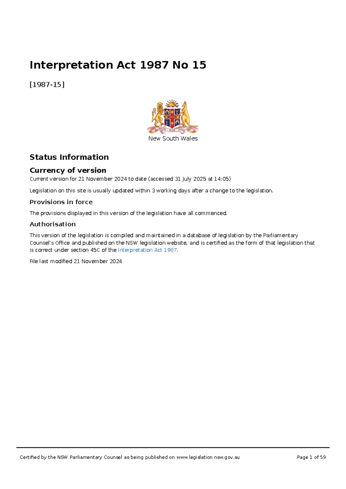 Interpretation Act 1987 No 15: Current Version as of 21 Nov 2024 - Studocu