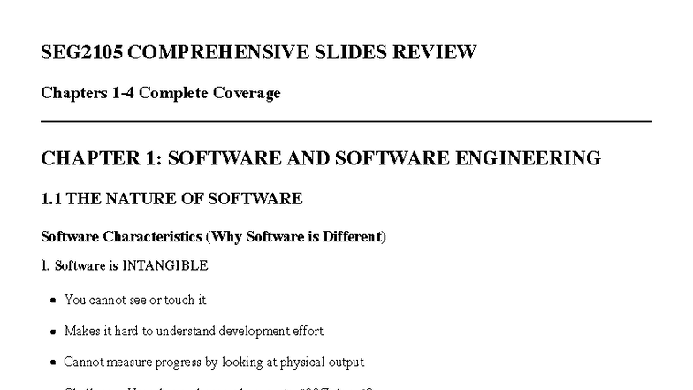 SEG2105 MIDTERM STUDY GUIDE: SOFTWARE ENGINEERING CHAPTER 1 OVERVIEW ...