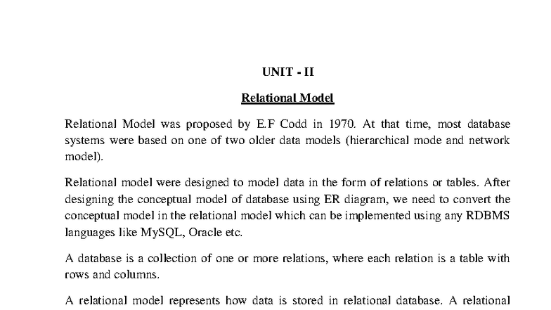 DBMS UNIT-2: Relational Model Overview and Key Concepts - Studocu
