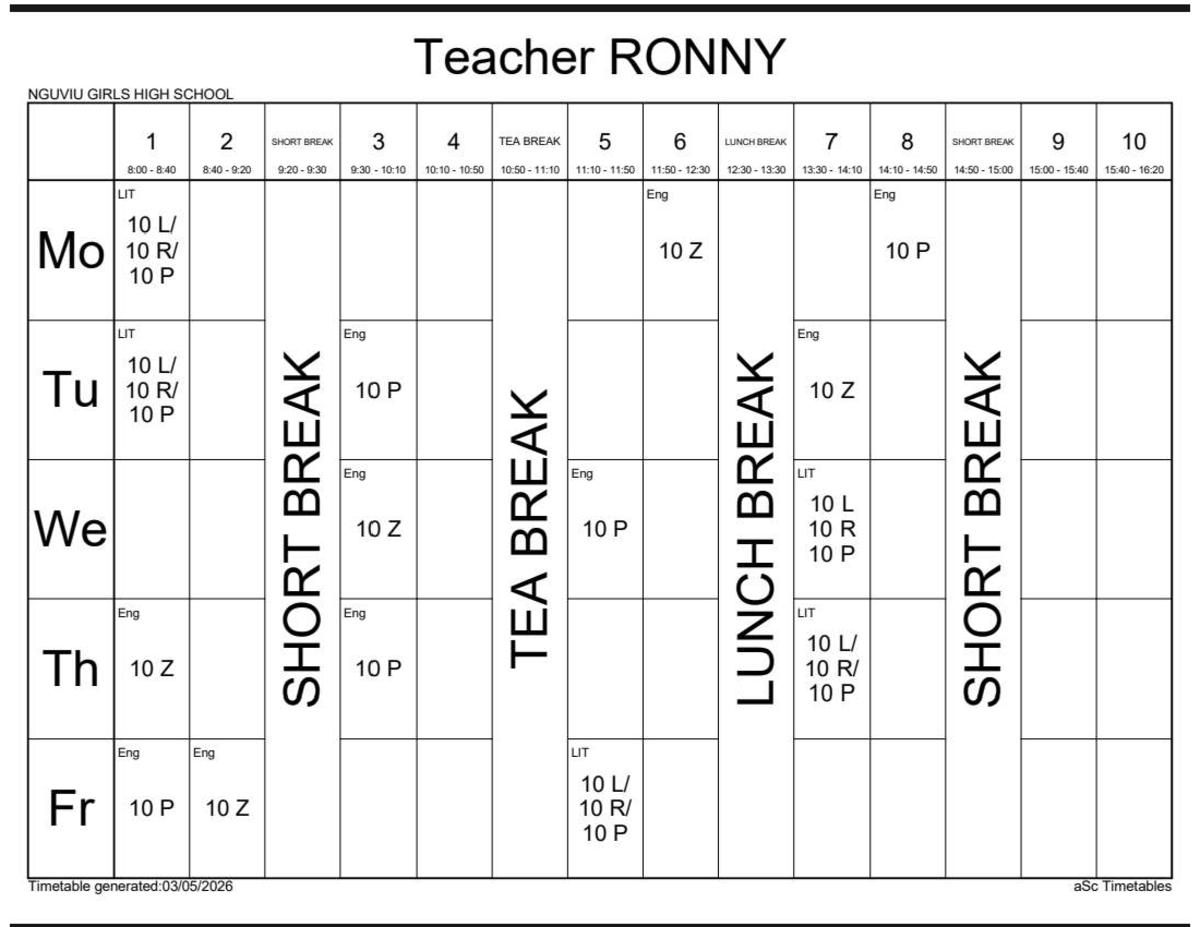 Timetable for Teacher Ronny Nguvui - Eng & LIT Classes 2026 - Studocu