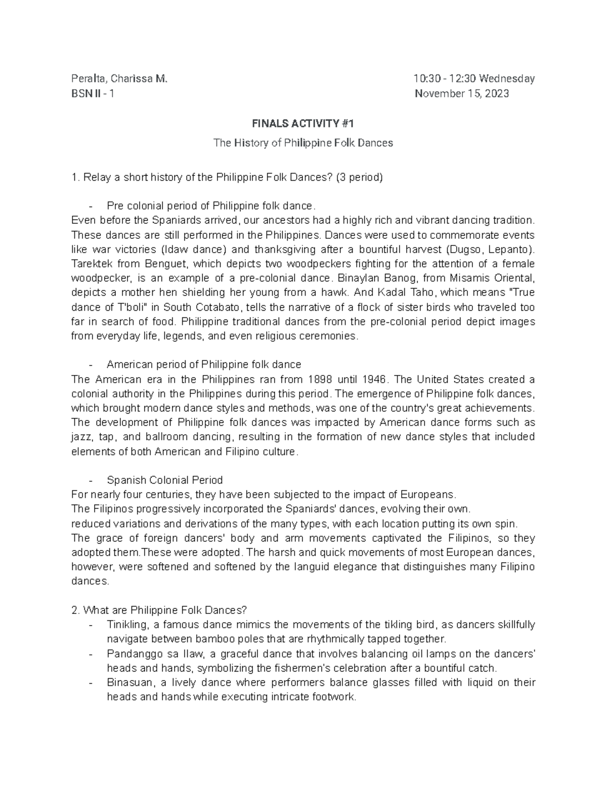 BSN II: Final Activity on Philippine Folk Dances - History & Examples - Studocu