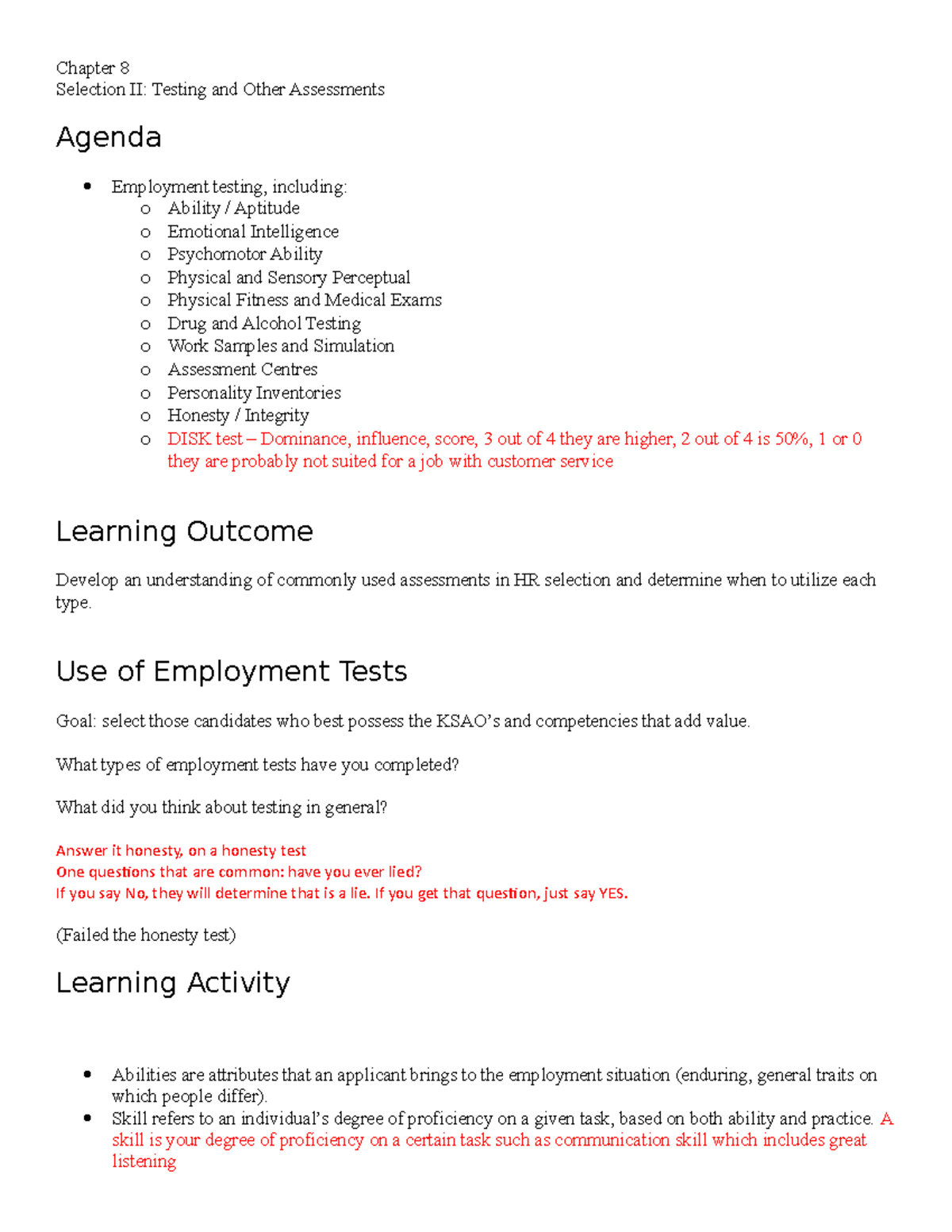 Chapter 8 - Selection II: Employment Testing & Assessments Overview ...