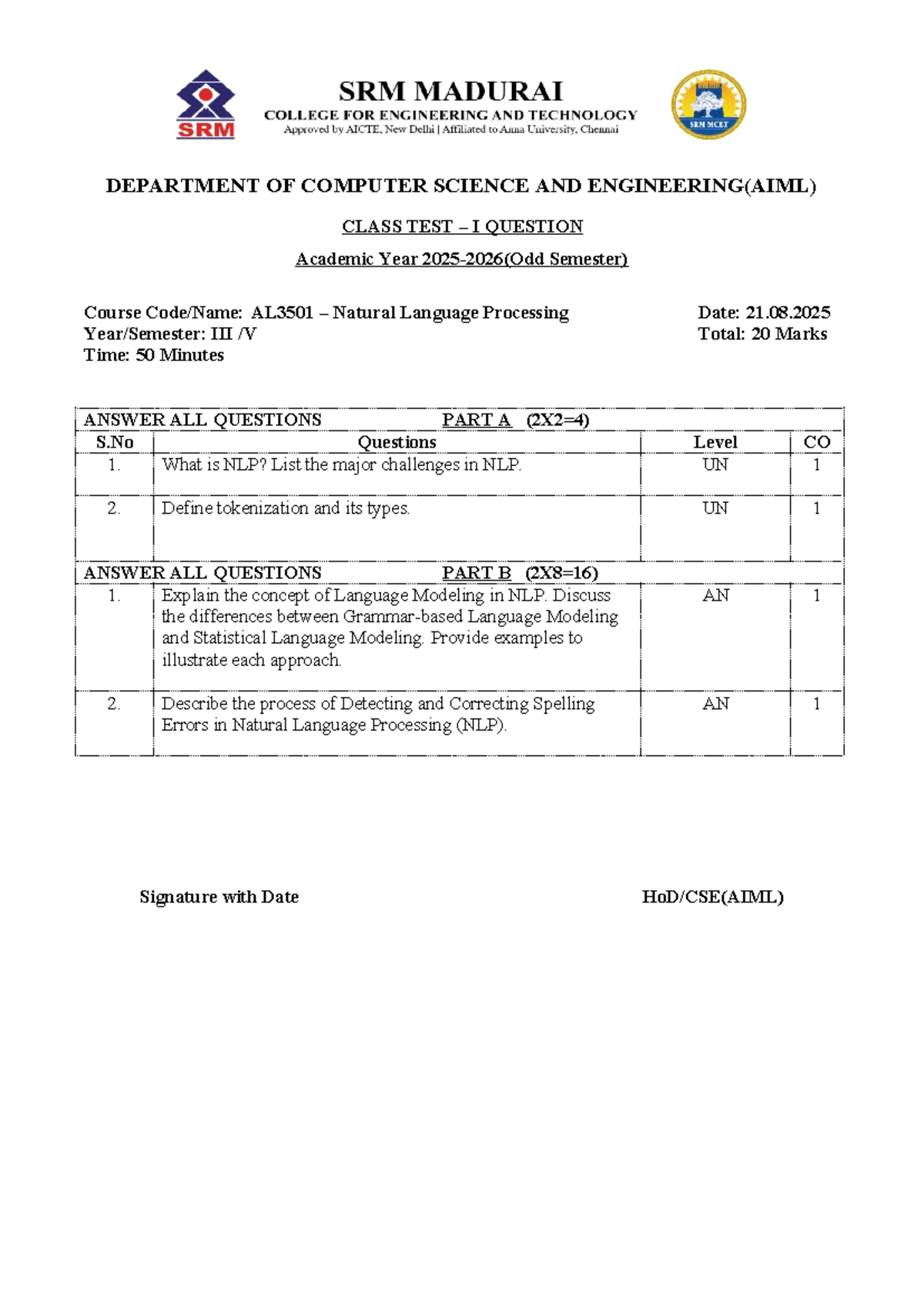 AL3501 Natural Language Processing Class Test I Question Paper - Studocu