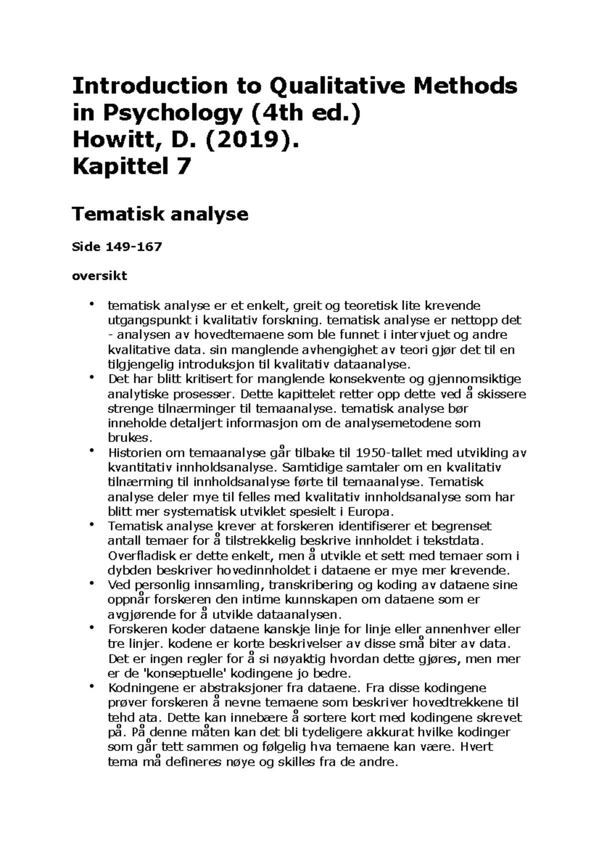 Howitt Kapittel 7 - Introduction to Qualitative Methods in Psychology ...