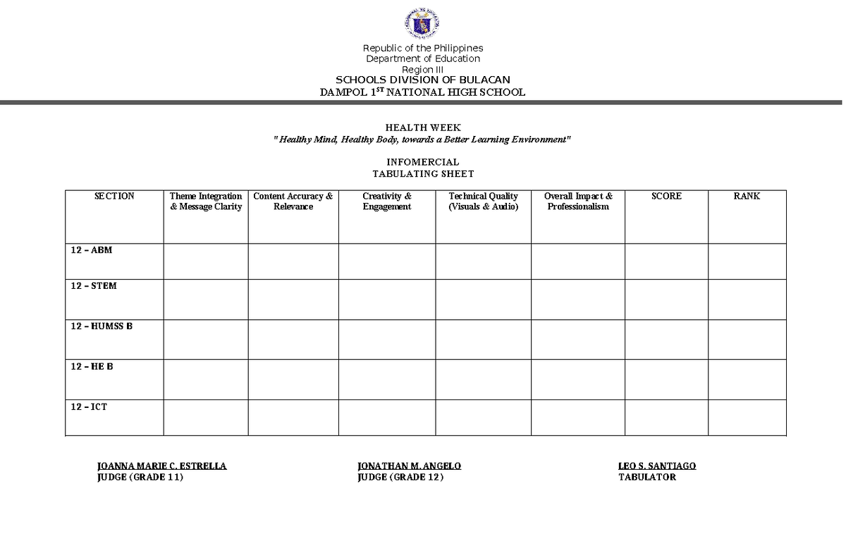 Health Week Infomercial Tabulating Sheet - ABM, STEM, HUMSS, ICT - Studocu