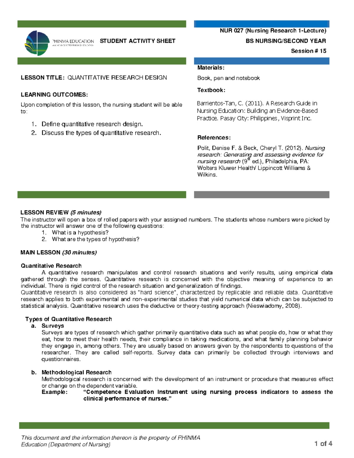SAS NUR 027 - Session 15: Quantitative Research Principles and Types - Studocu