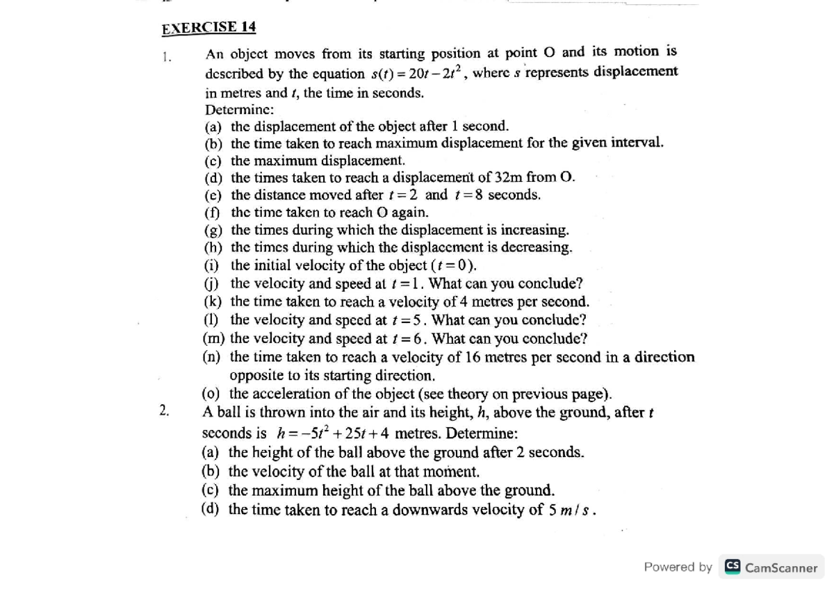 Mathematics Grade 12 - Calculus: Exercise 14 on Motion and Displacement ...