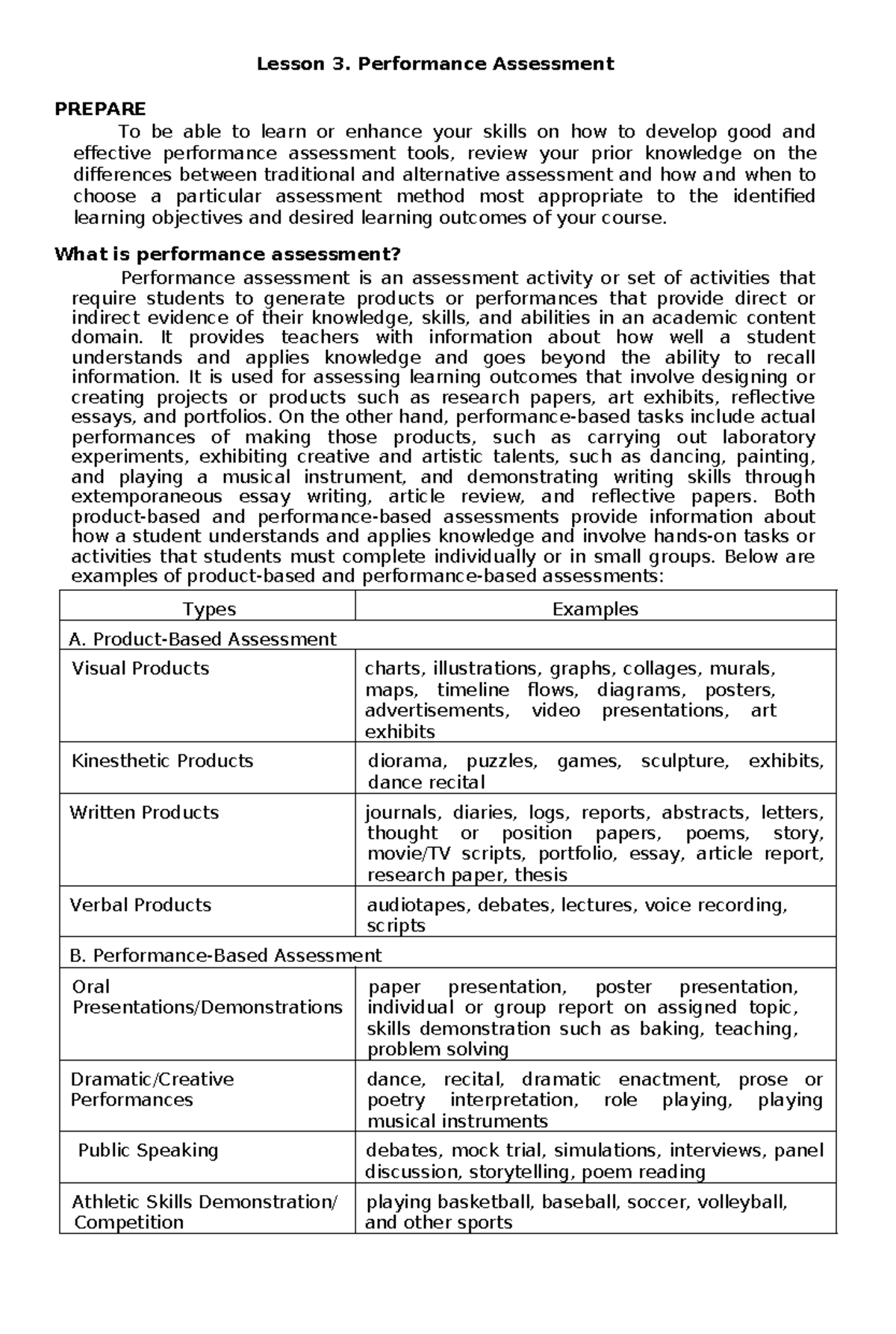 Lesson 3: Performance Assessment Techniques and Best Practices - Studocu