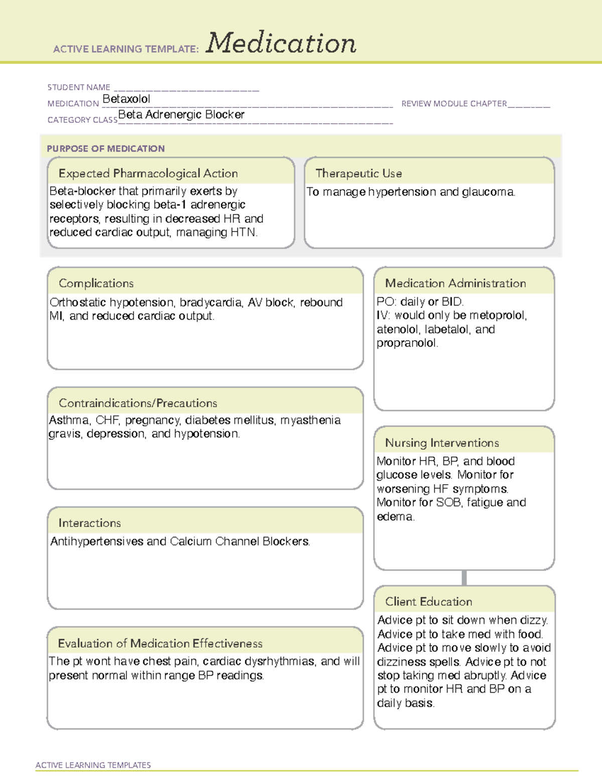 Medication Active Learning Template for Nursing Students - Studocu