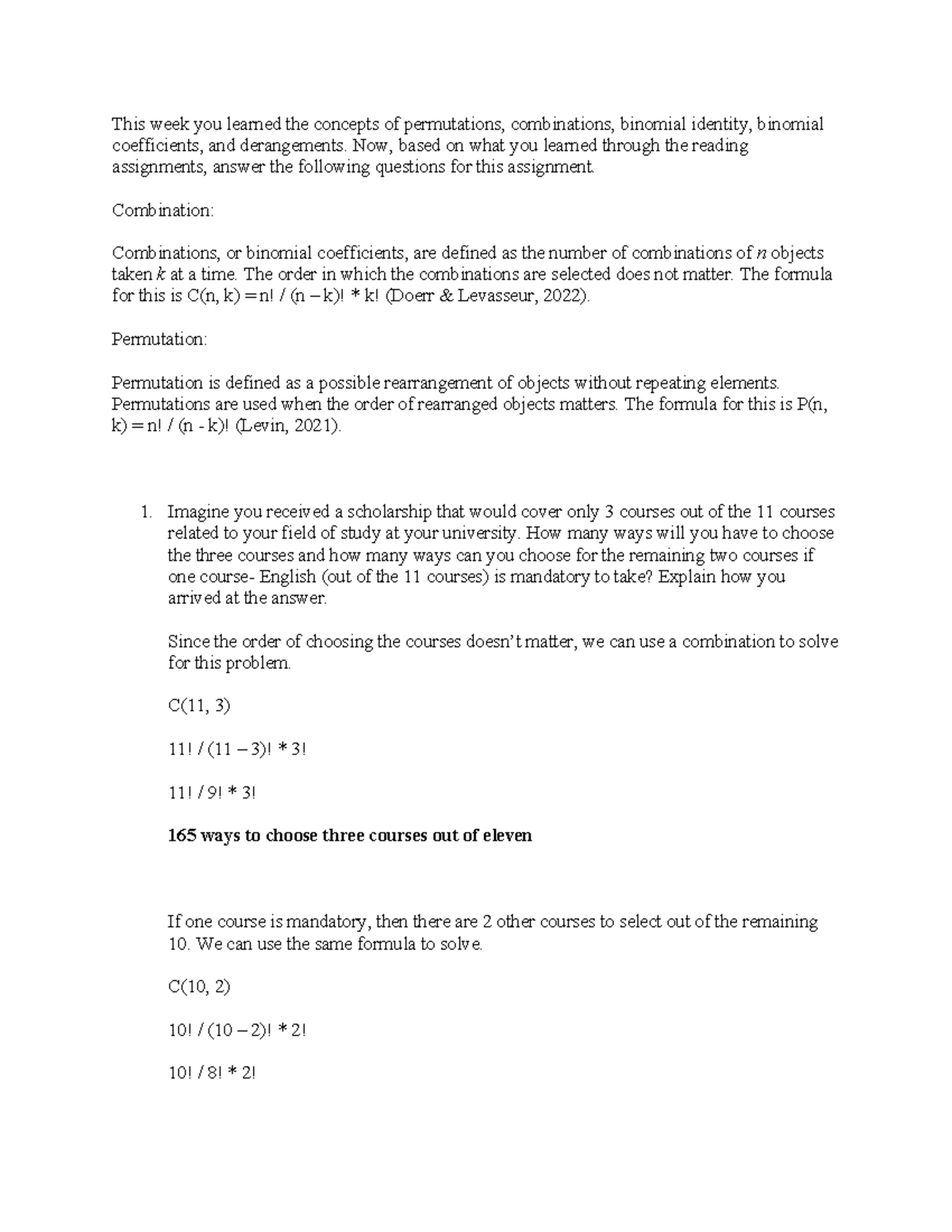 Math 101 - Unit 3 Math Assignment on Permutations and Combinations - Studocu