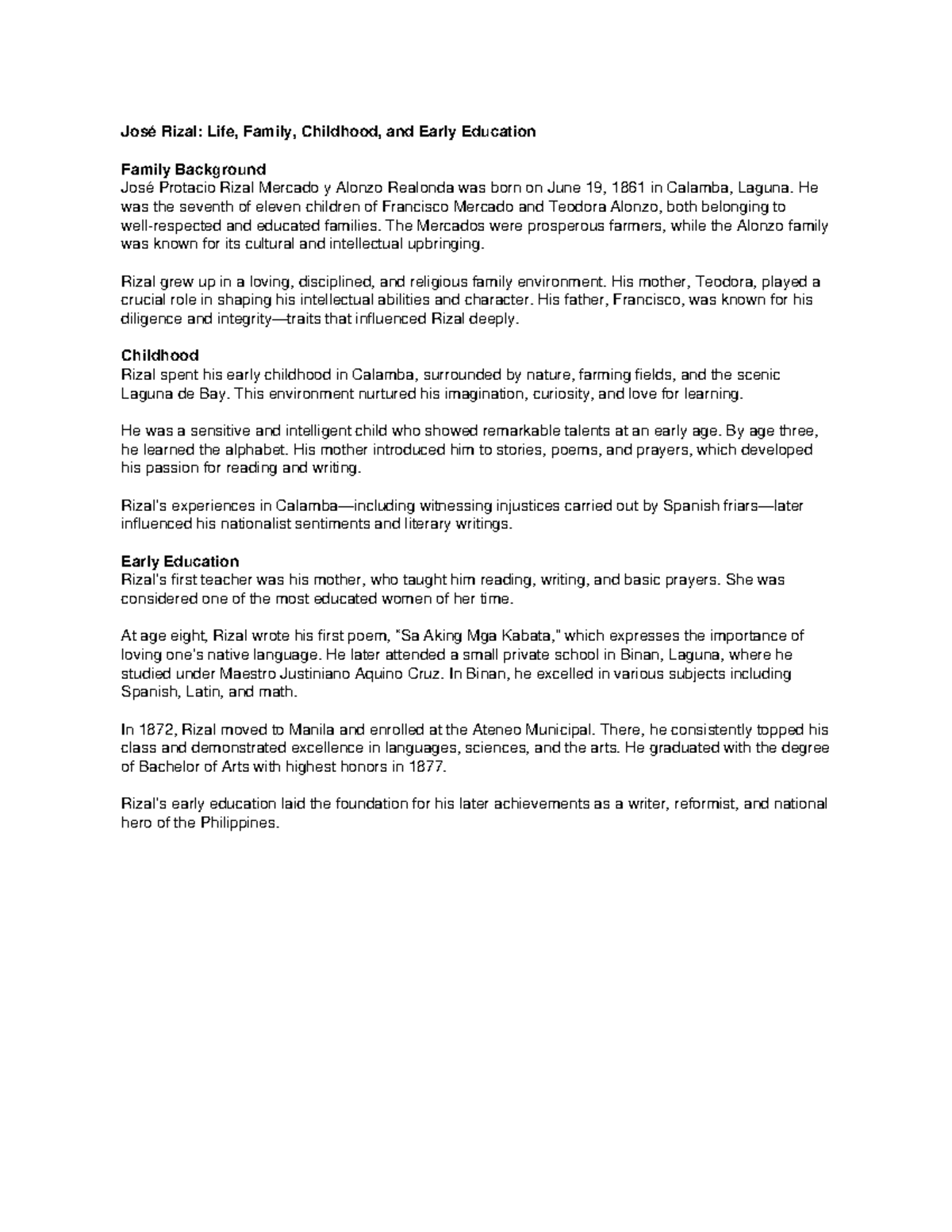 Rizal's Life, Family, Childhood & Early Education Insights - Studocu