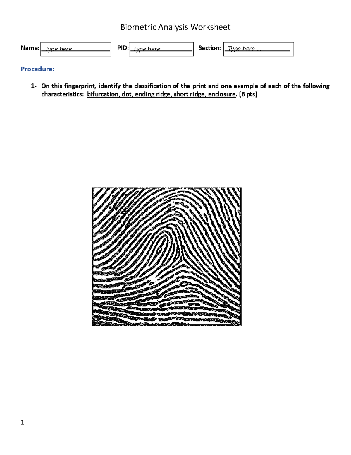 Biometric Analysis Worksheet 2023 - Name: ____________________ PID ...