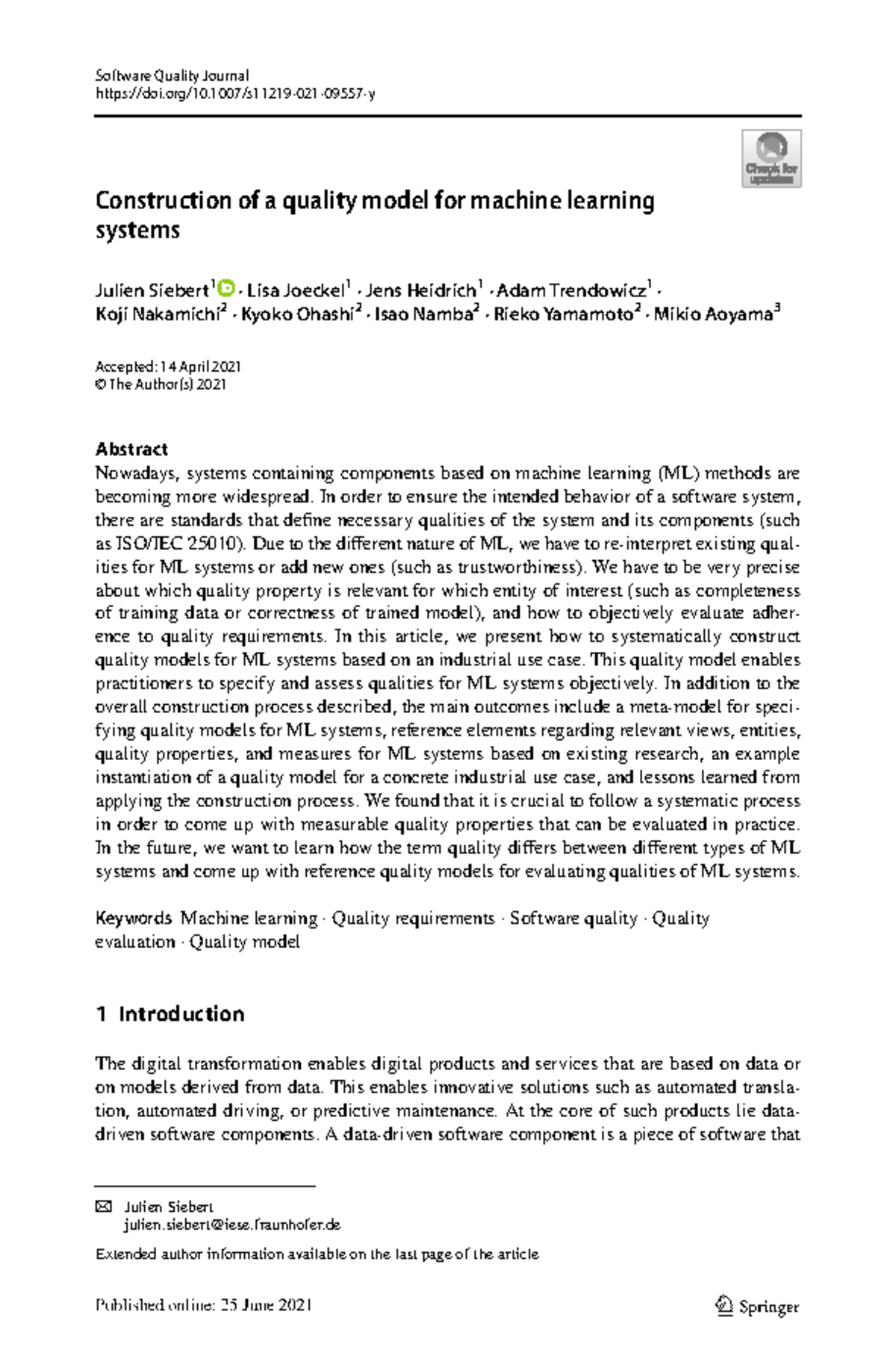 Quality Model for ML Systems: A Systematic Approach - Studocu