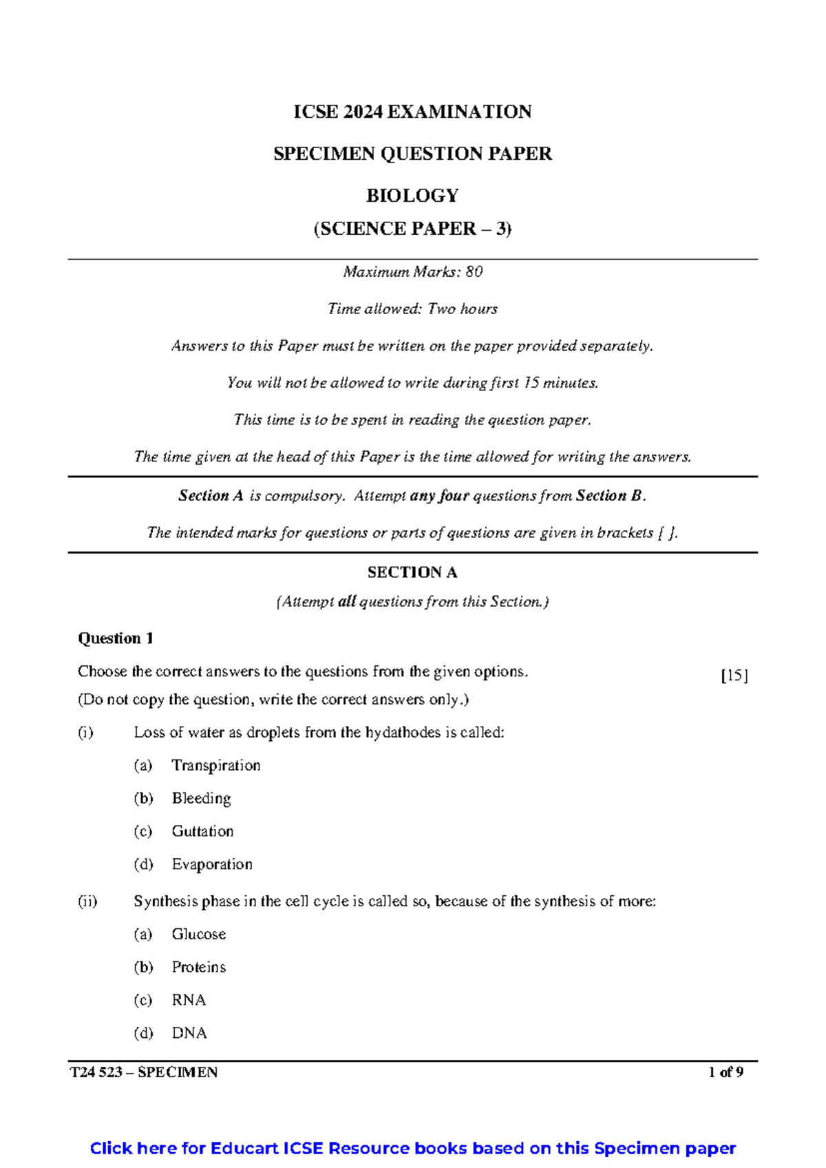 ICSE 2024 Biology Specimen Question Paper (Science Paper 3) - Studocu