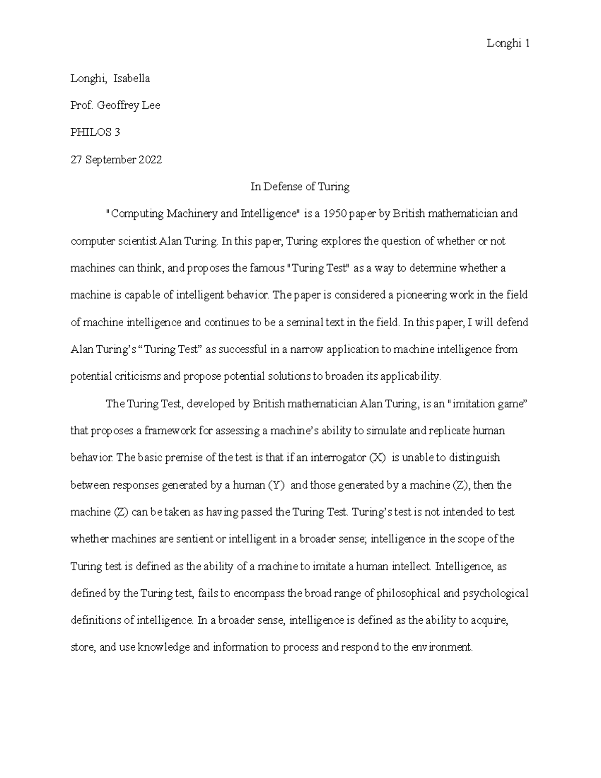 Philos 3 4 - "Computing Machinery and Intelligence" is a 1950 paper by ...