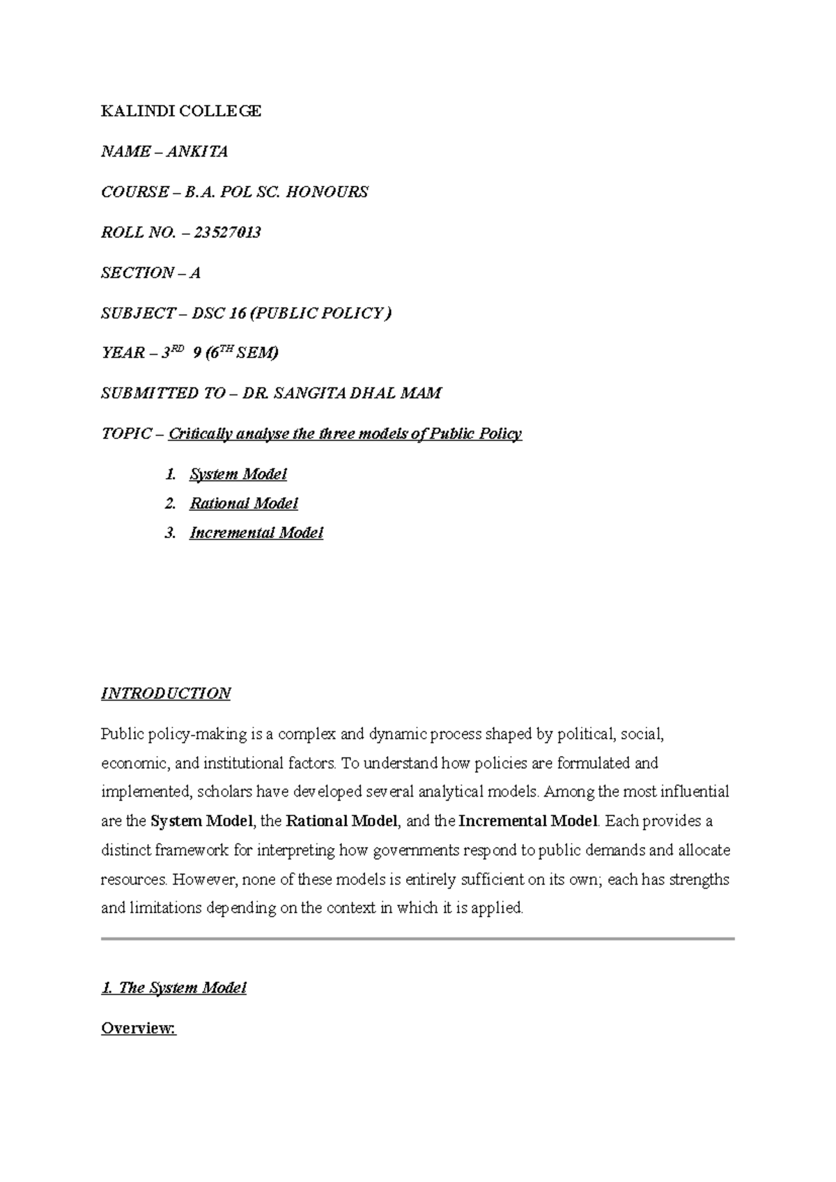 DSC 16 (Public Policy) - Analysis of Public Policy Models - Studocu