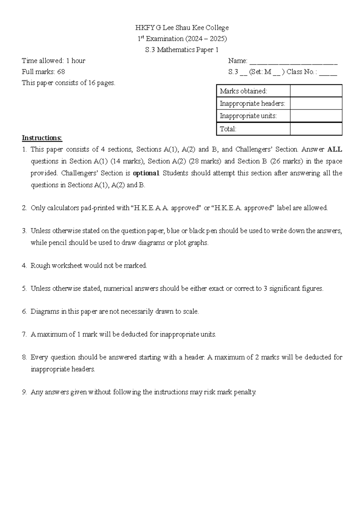 2425 S.3 Mathematics 1st Exam Paper 1 (2024-2025) - Studocu