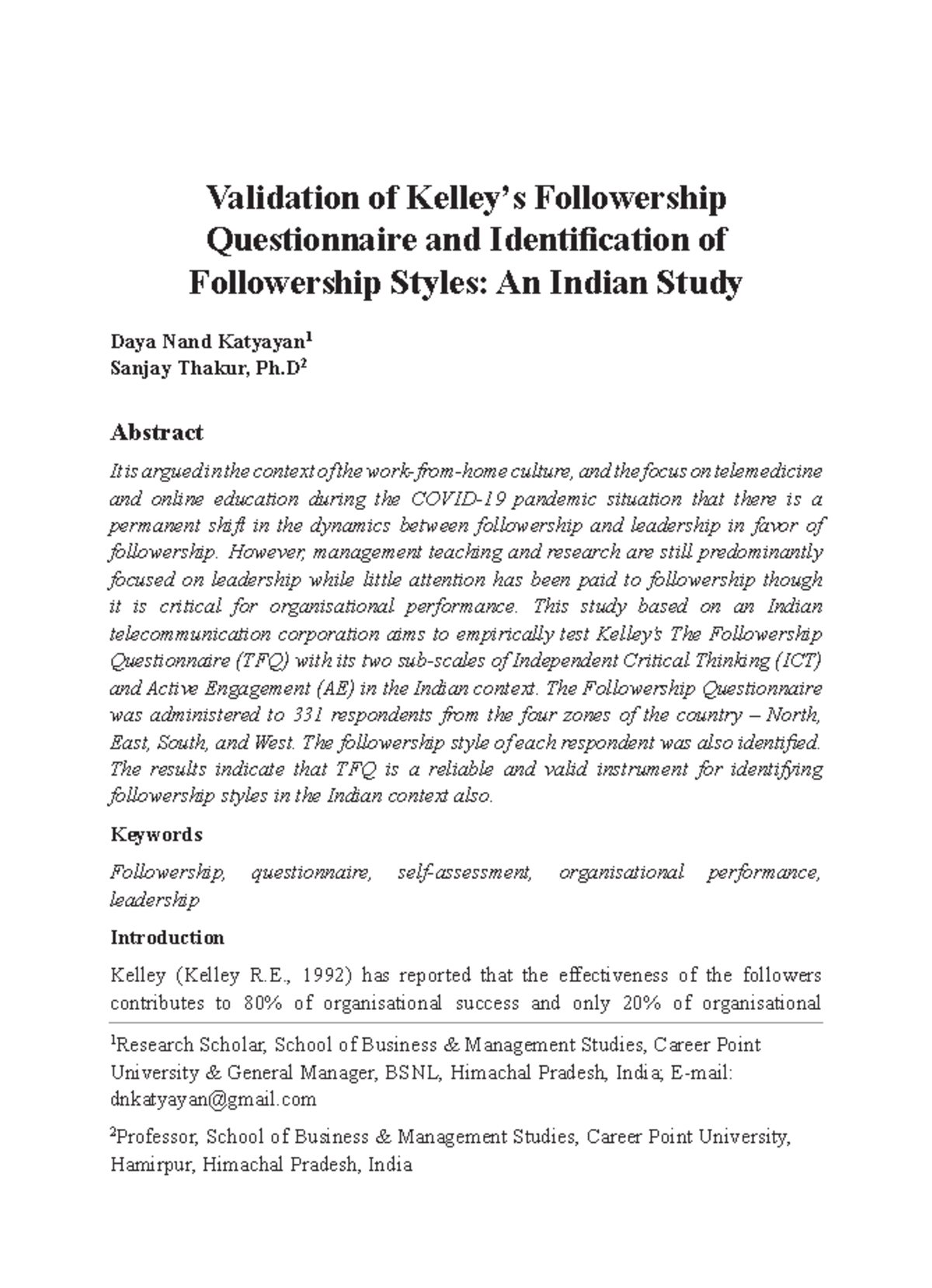 Kelley’s Followership Styles: Validation in Indian Telecom Context ...