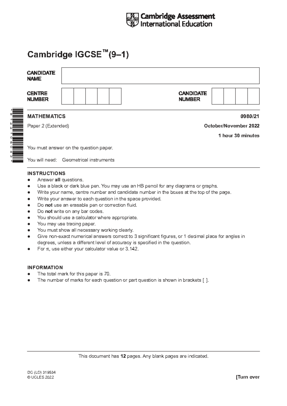 Cambridge 0980/22 Mathematics Paper 2 (Extended) Exam 2022 - Studocu