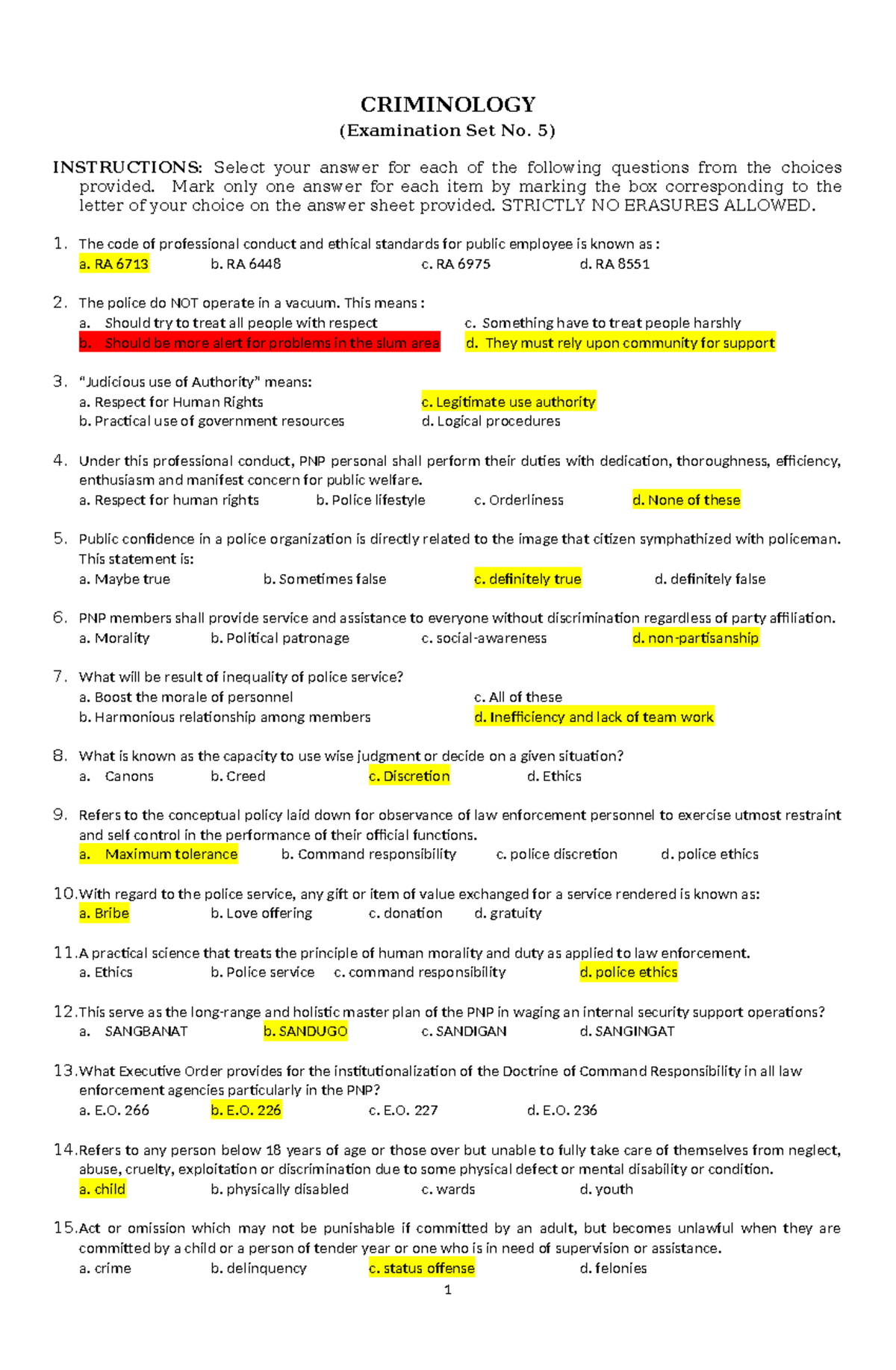 Criminology 5 reviewers - CRIMINOLOGY (Examination Set No. 5 ...