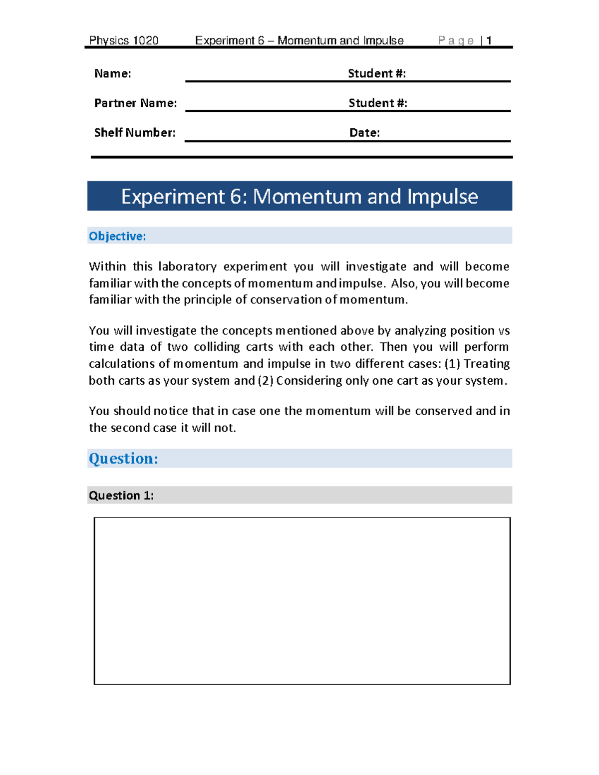 Physics 1020 Experiment 6: Momentum and Impulse Lab Worksheet - Studocu