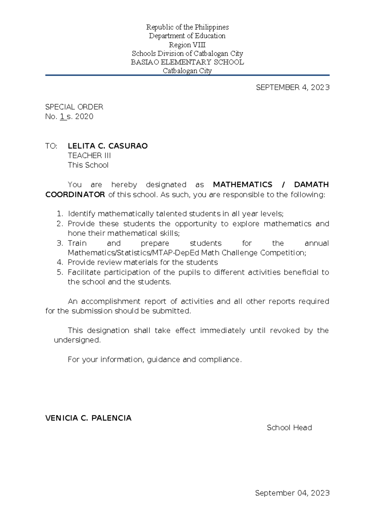Special Order Designations at BASIAO Elementary School (SY 2023-2024 ...