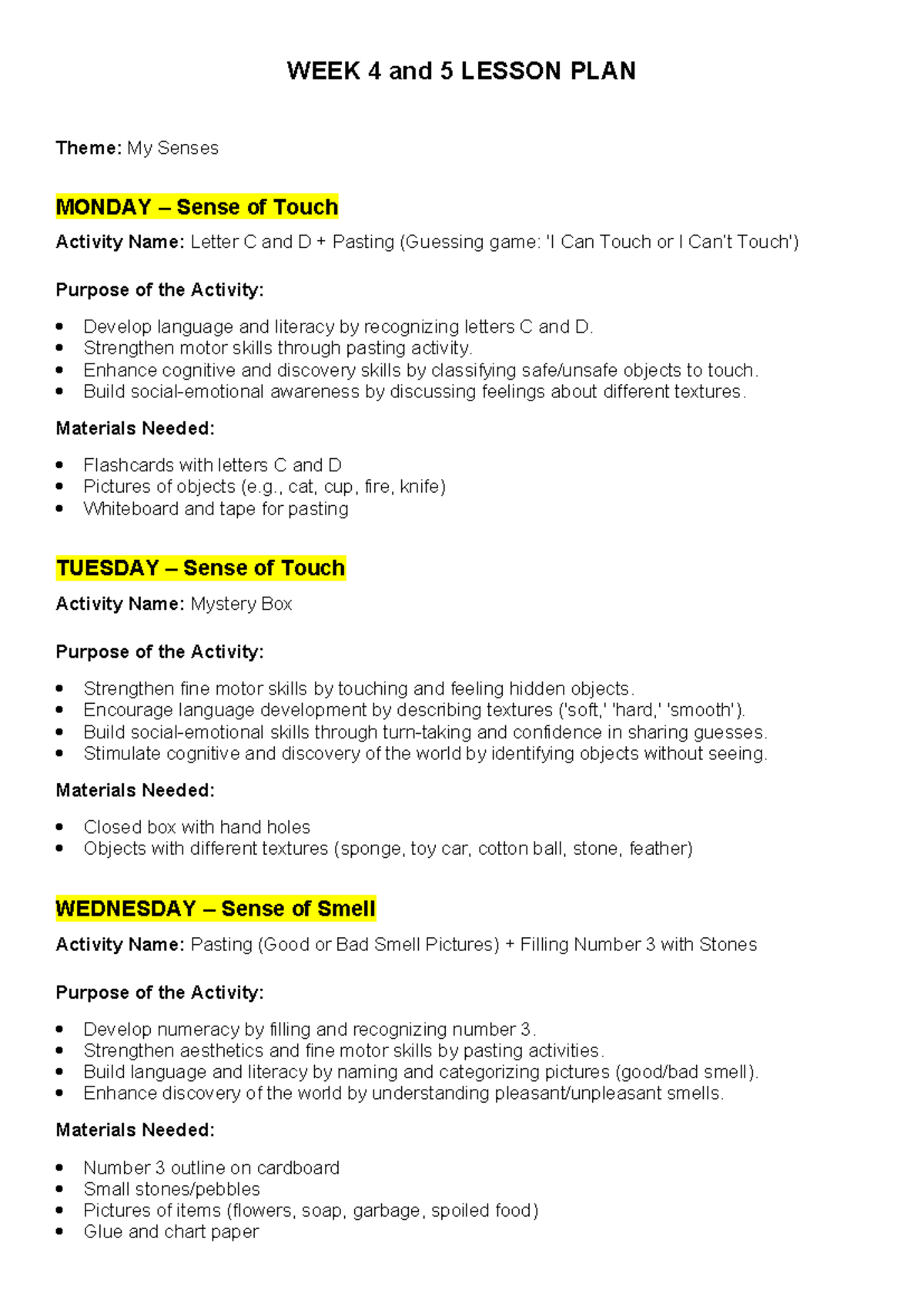 Playschool Weekly Lesson Plan T1W4-5: Exploring My Senses - Studocu