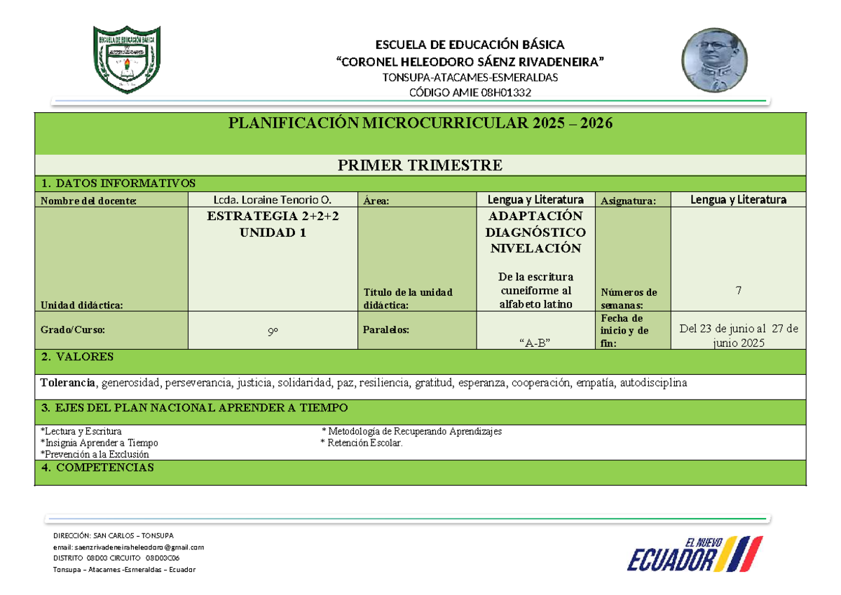 Planificación Microcurricular 2025-2026: Lengua y Literatura - Unidad 1 - Studocu