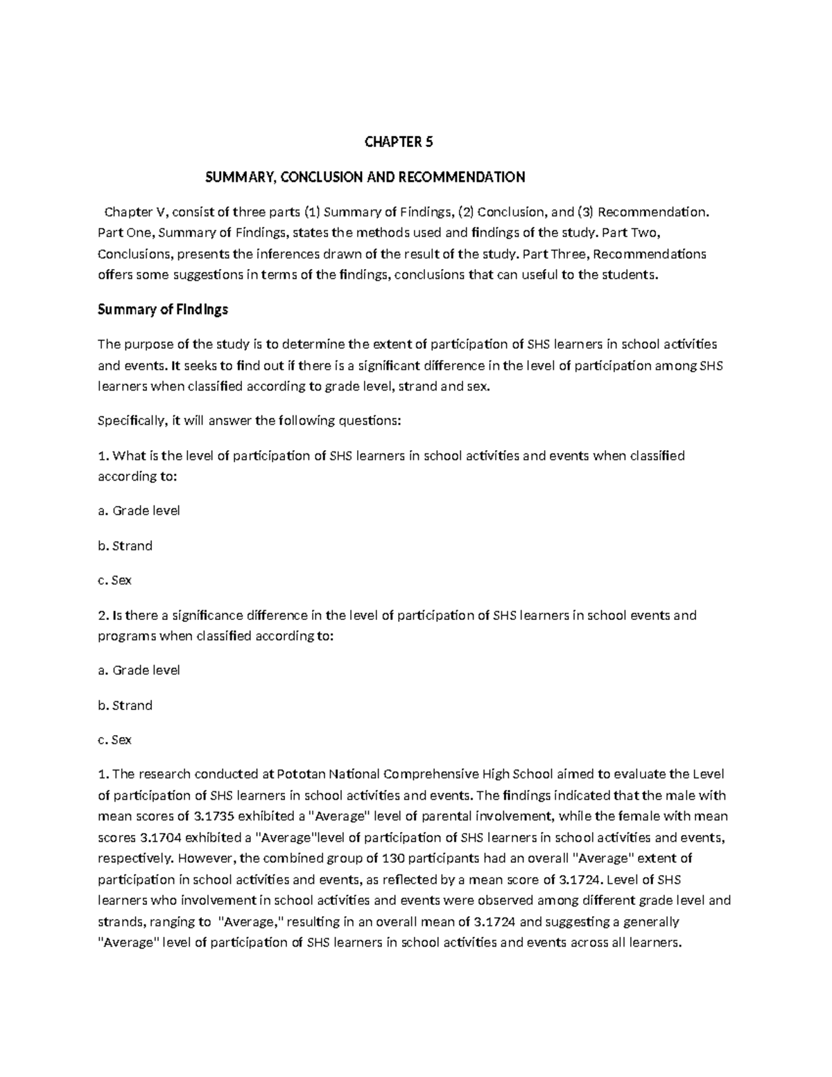 CHAPTER 5 SUMMARY, CONCLUSIONS & RECOMMENDATIONS (SHS) - Studocu