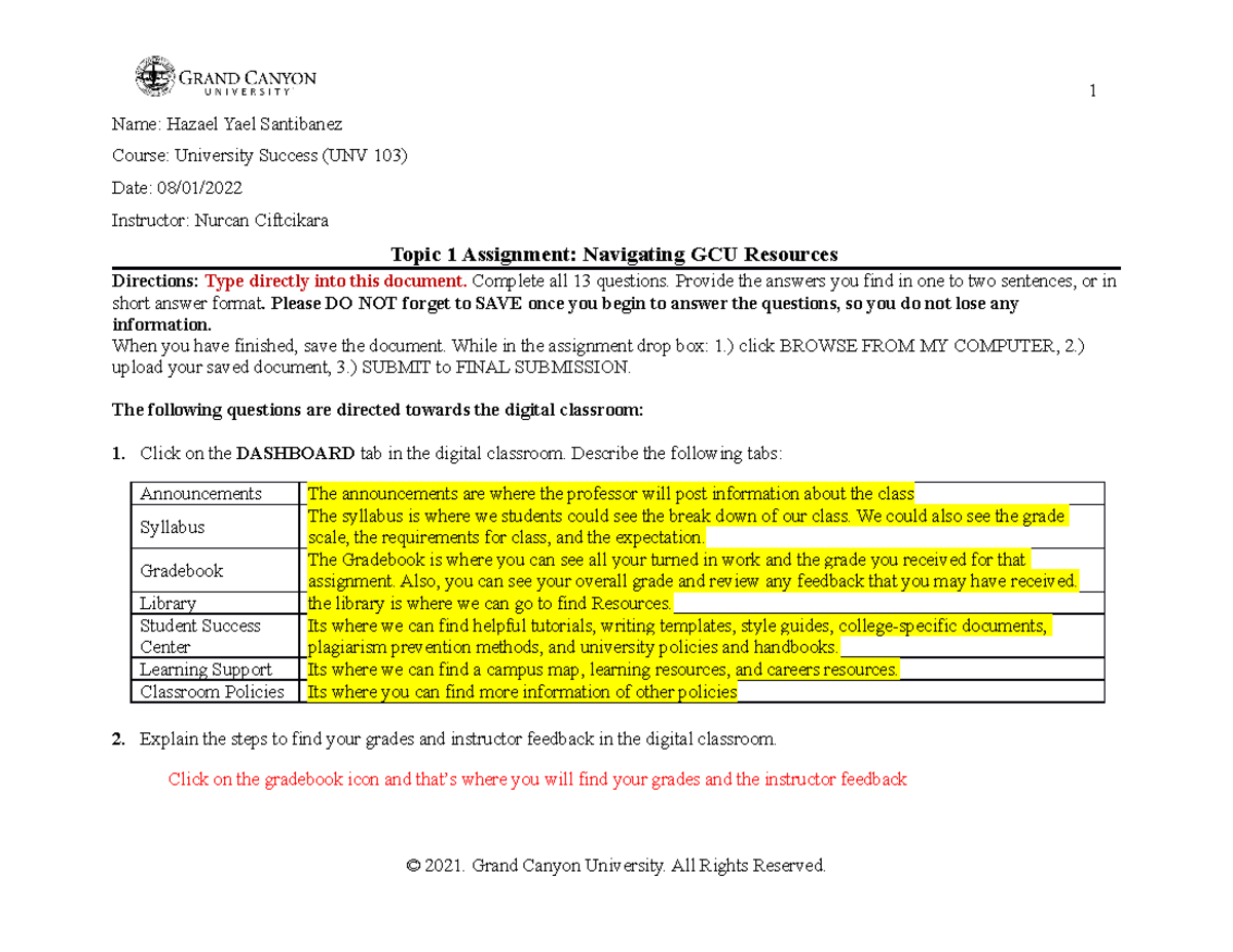 UNV 103 T1 Assignment: Navigating GCU Resources Worksheet - Studocu