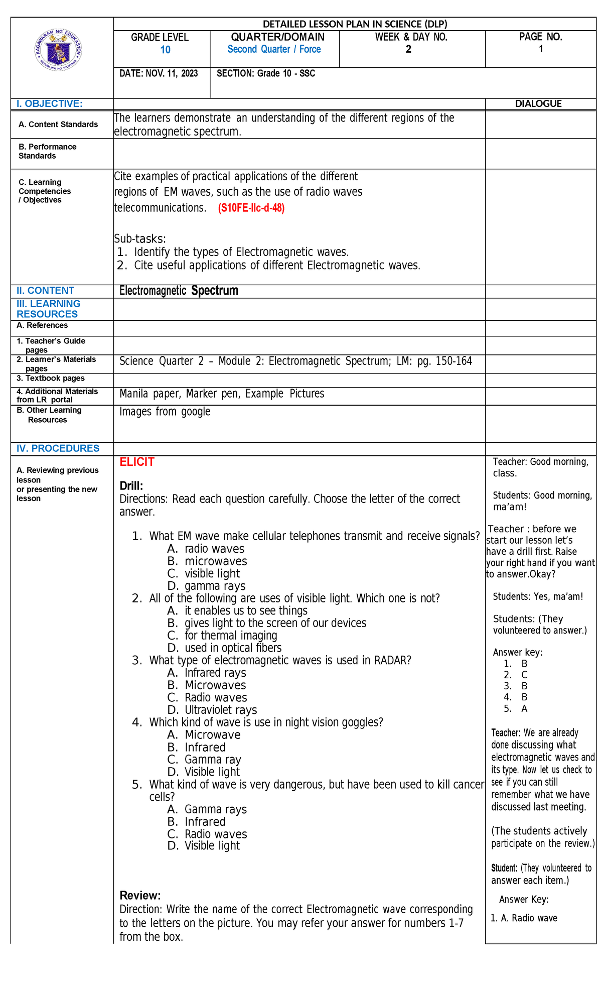 DLP: Detailed Lesson Plan on Electromagnetic Waves for Grade 10 - Studocu