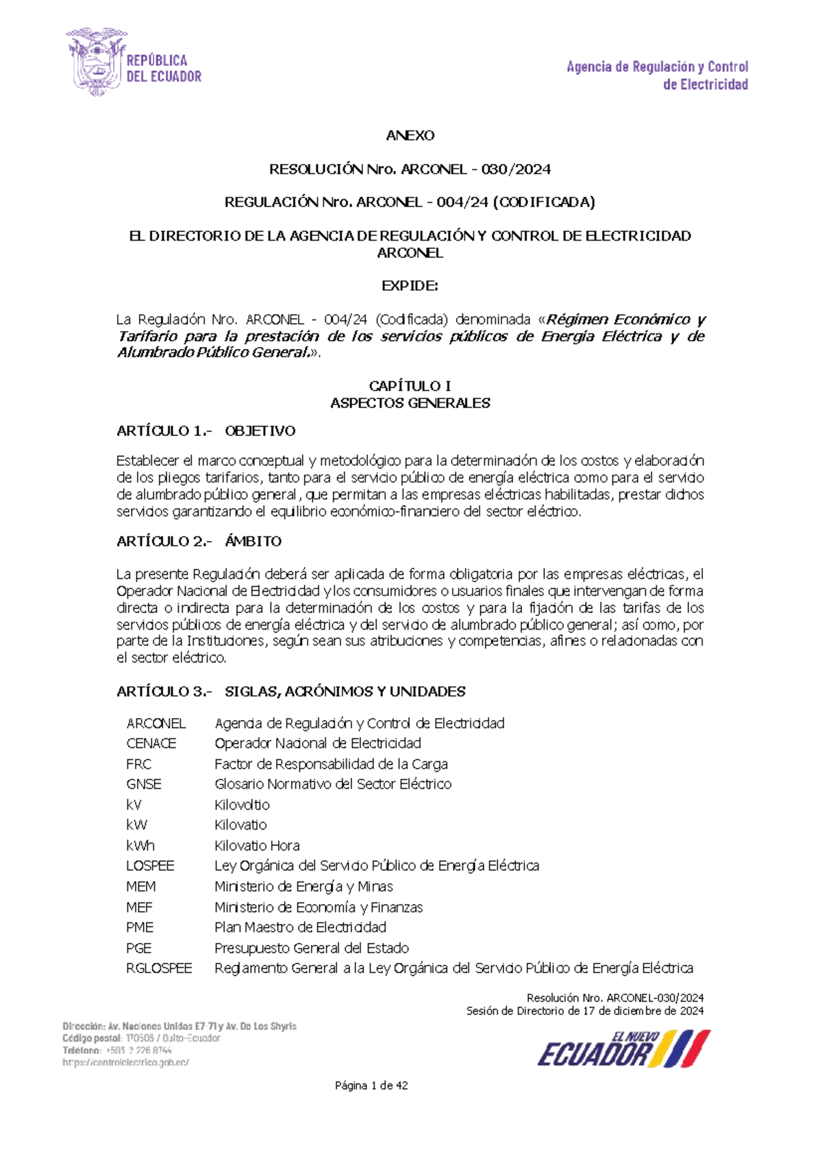 Regulación Nro. ARCONEL 00424: Aspectos Económicos y Tarifarios del ...