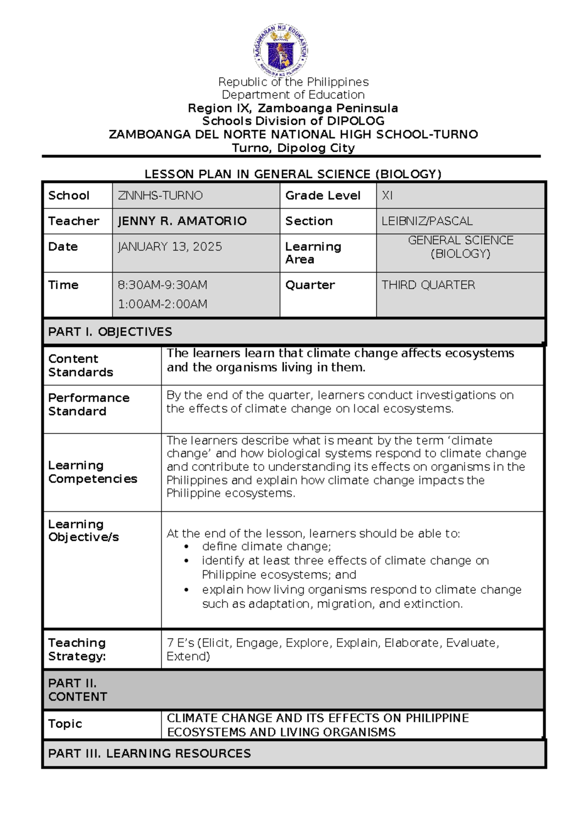 Lesson Plan: Gen Sci (Bio) 11 - Climate Change & Ecosystems Q3 - Studocu