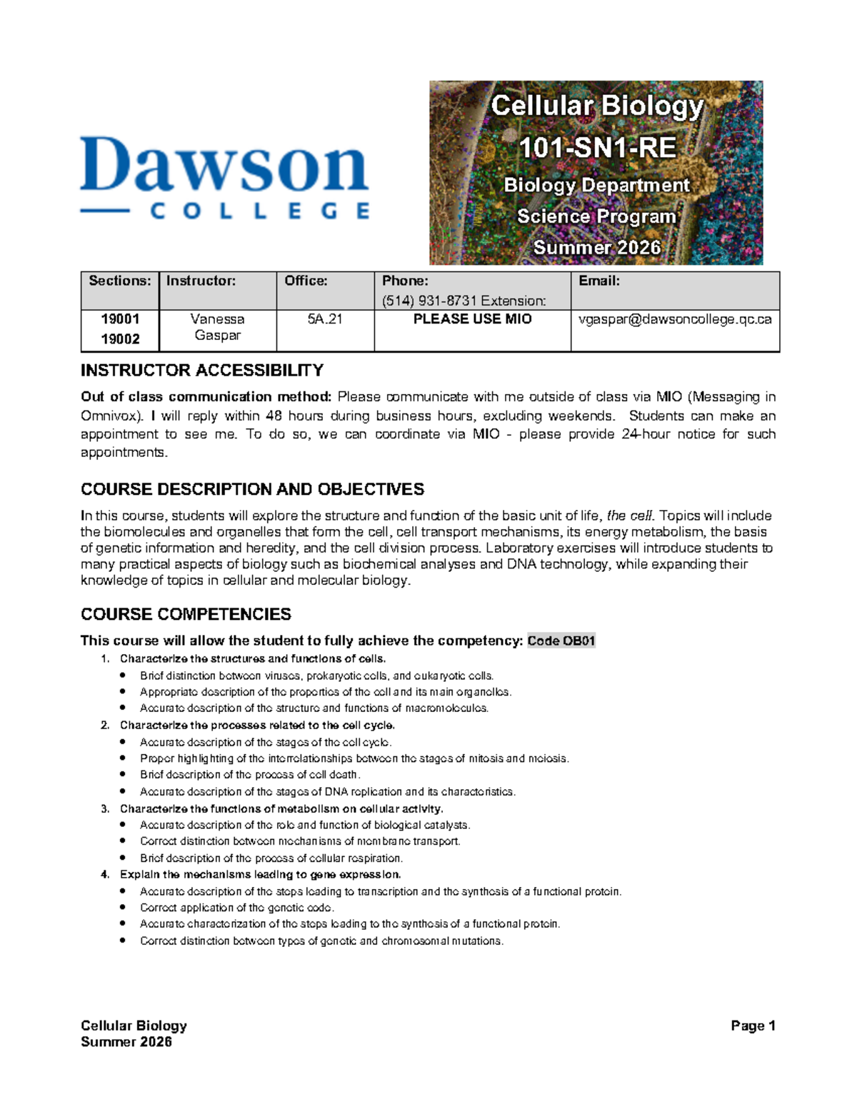 Cellular Biology Course Outline - Summer 2026 (Sections 19001 & 19002 ...